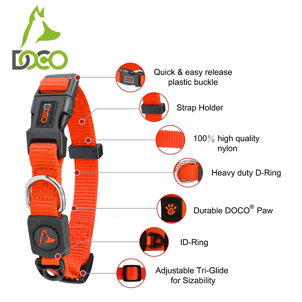 DOCO Signature Nylon Collar (DCSN002)[Size - XL, Color - Safety Orange ...